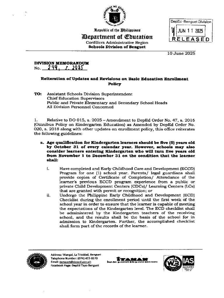 SDO Memo No. 249, S. 2025 | PDF