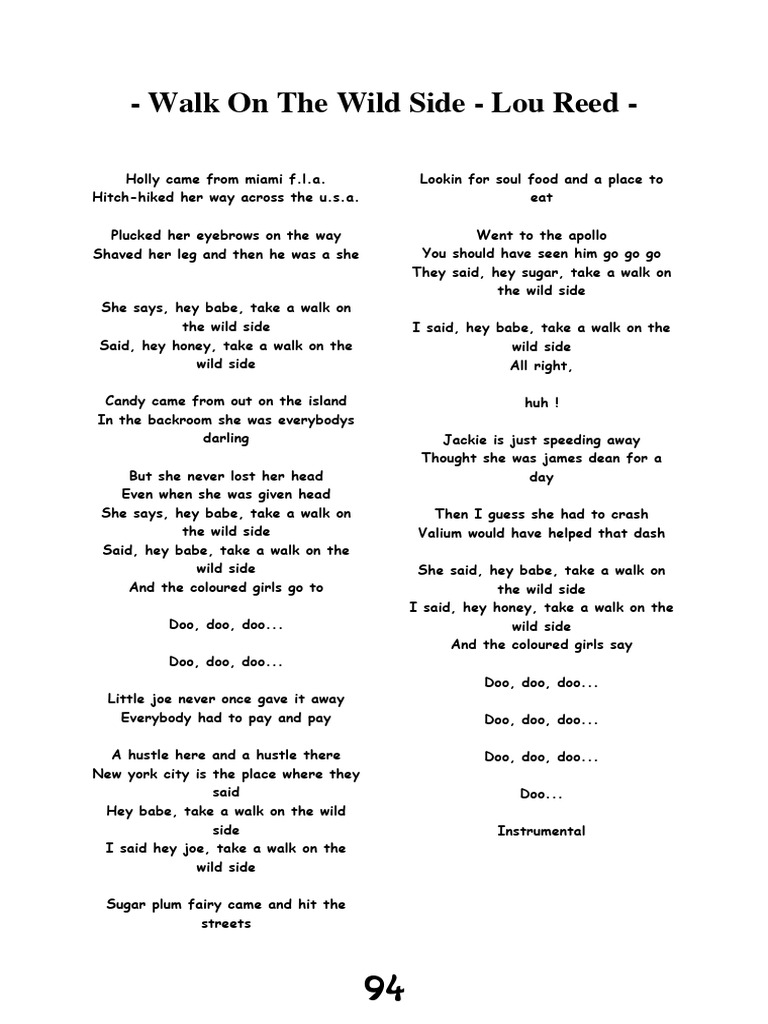 Lou Reed's "Walk on the Wild Side" Lyrics | PDF | Songs Written