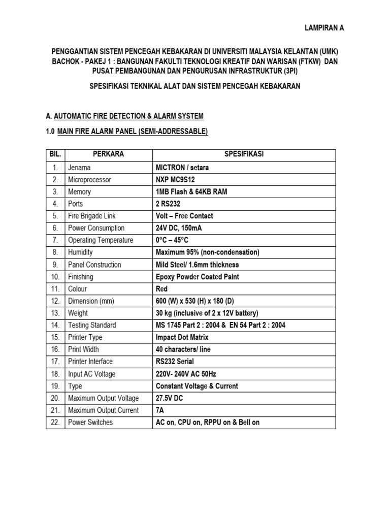 Lampiran A Spesifikasi Alat Dan Sistem Pencegah Kebakaran | PDF | Battery Charger | Engines
