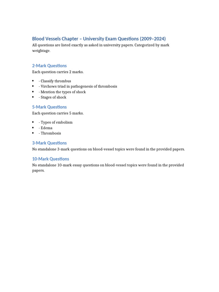 Blood Vessels Exam Questions (2009-2024) | PDF