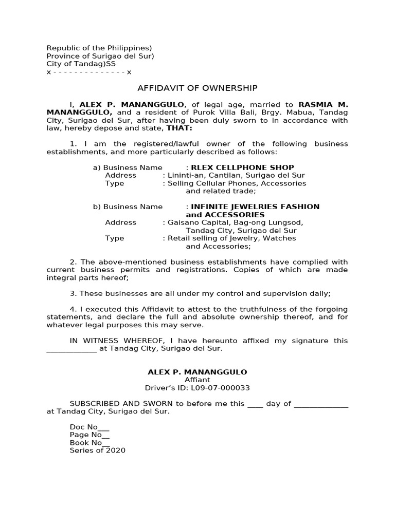 Affidavit of Ownership - ALEX MANANGGULO | PDF