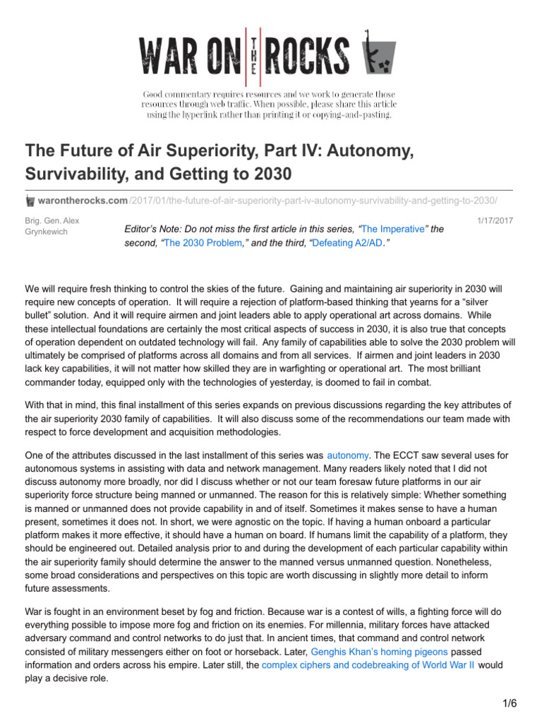 The Future of Air Superiority Part IV Autonomy Survivability and ...