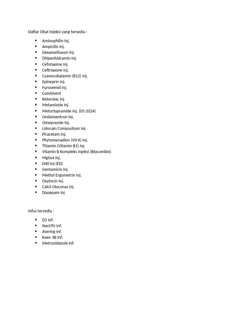 Daftar Obat Injeksi Yang Tersedia | PDF