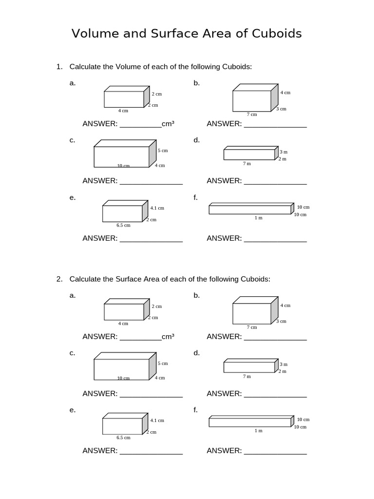 Volume and Surface Area of Cuboids | PDF