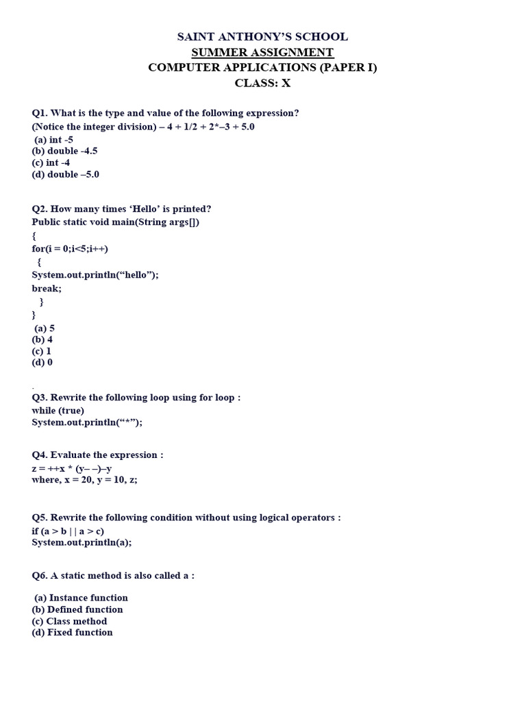 Summer Assignments Class X | PDF | Class (Computer Programming) | Method (Computer Programming)