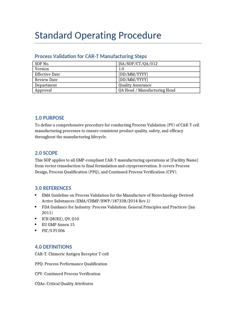 CAR-T Manufacturing Process Validation SOP | PDF | Verification And ...