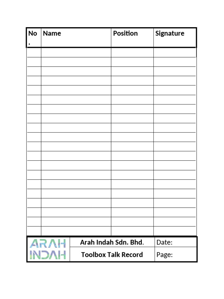 Toolbox Talk Attendance Arah Indah | PDF