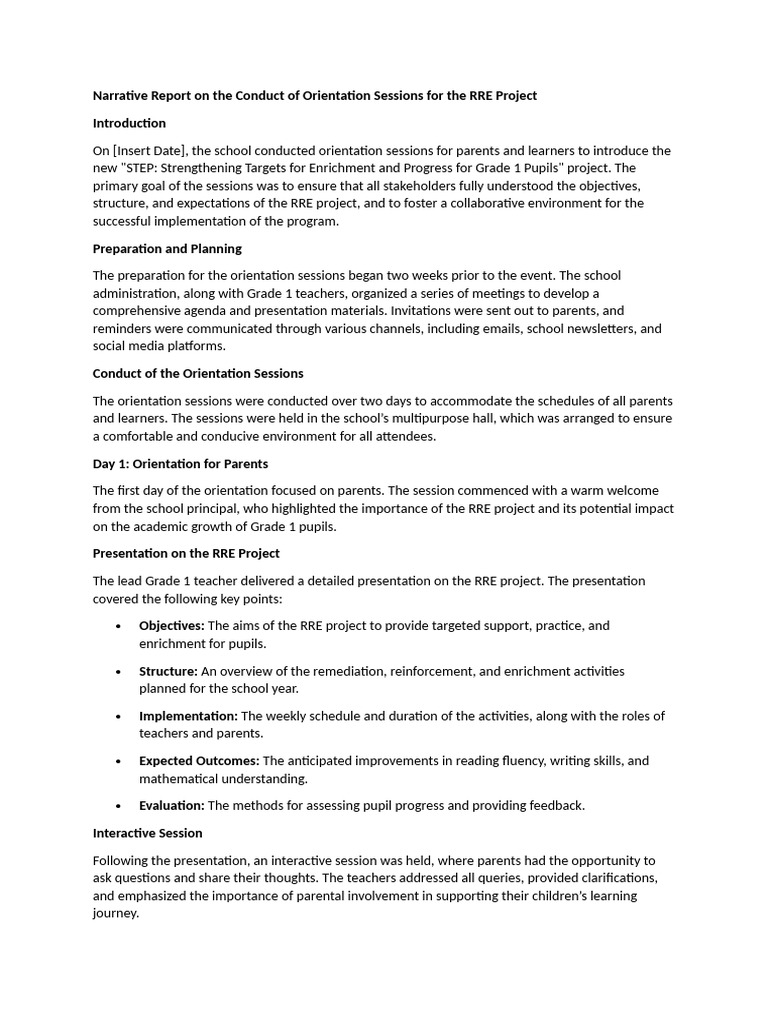 RRE Project Orientation Sessions Report | PDF | Learning | Cognition