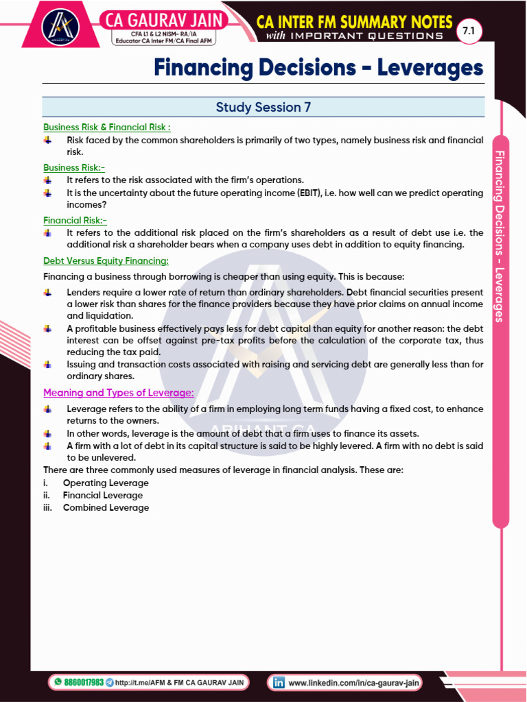 CA Inter FM Financing Decisions Leverages Summaries With Important | PDF | Debt | Leverage (Finance)