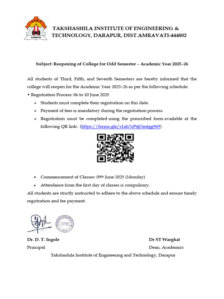 Reopening Notice for Odd Semester 2025-26 | PDF