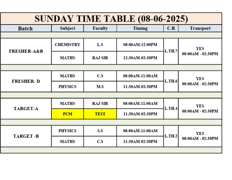 Sunday Final Time Table 08-06-2025 | PDF