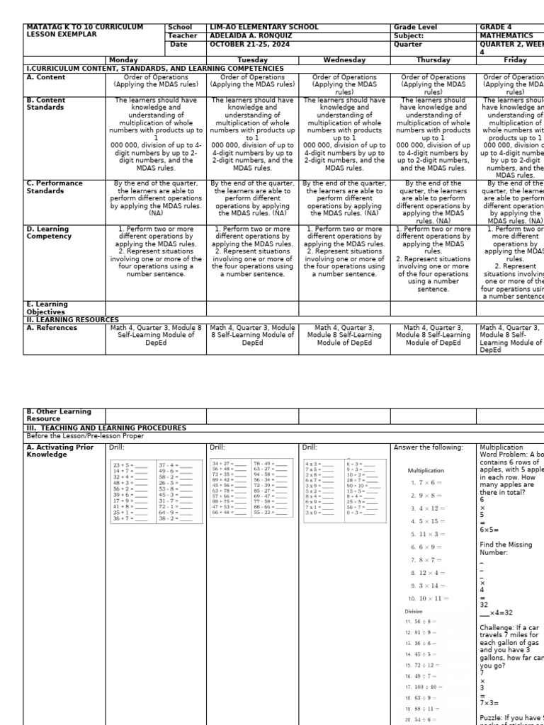 Grade 4-q2w4 (Matatag DLL) - Mathematics | PDF | Mathematics ...