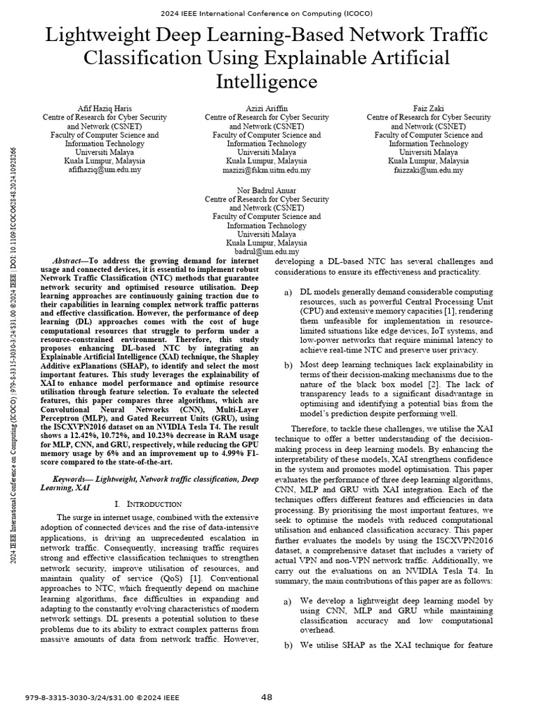 Lightweight Deep Learning-Based Network Traffic Classification Using Explainable Artificial ...
