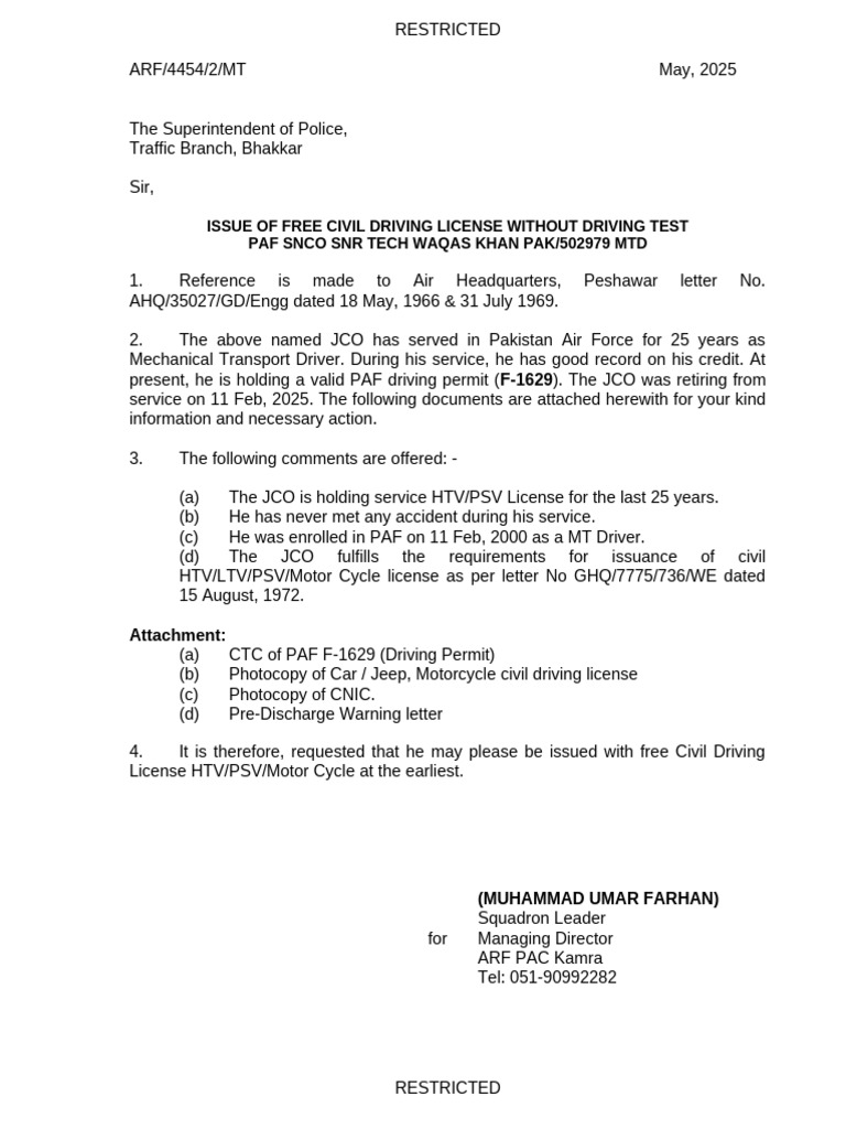 Letter For Issue of Civil Driving Licence Distt Police | PDF