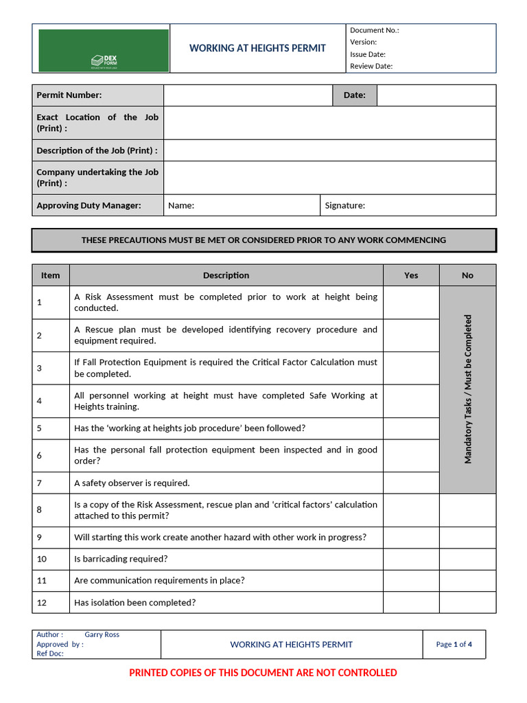 Working at Heights Sample Permit | PDF | Workplace | Occupational ...
