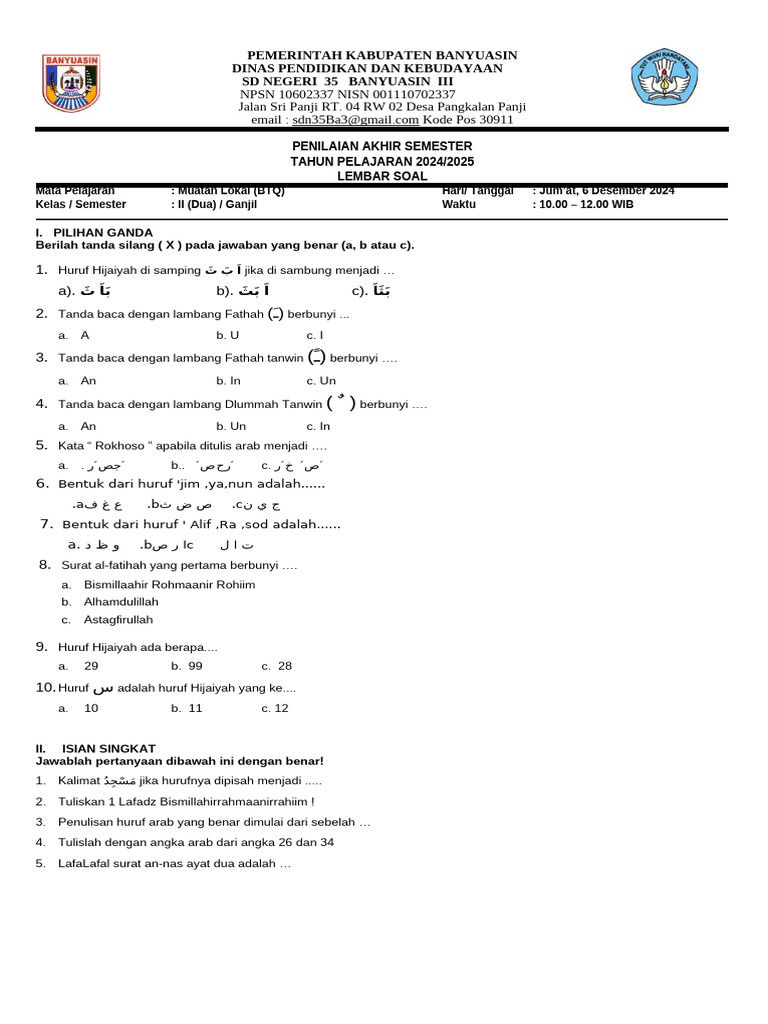 Soal Bta Kelas 2 Smter Ganjil 2024 | PDF