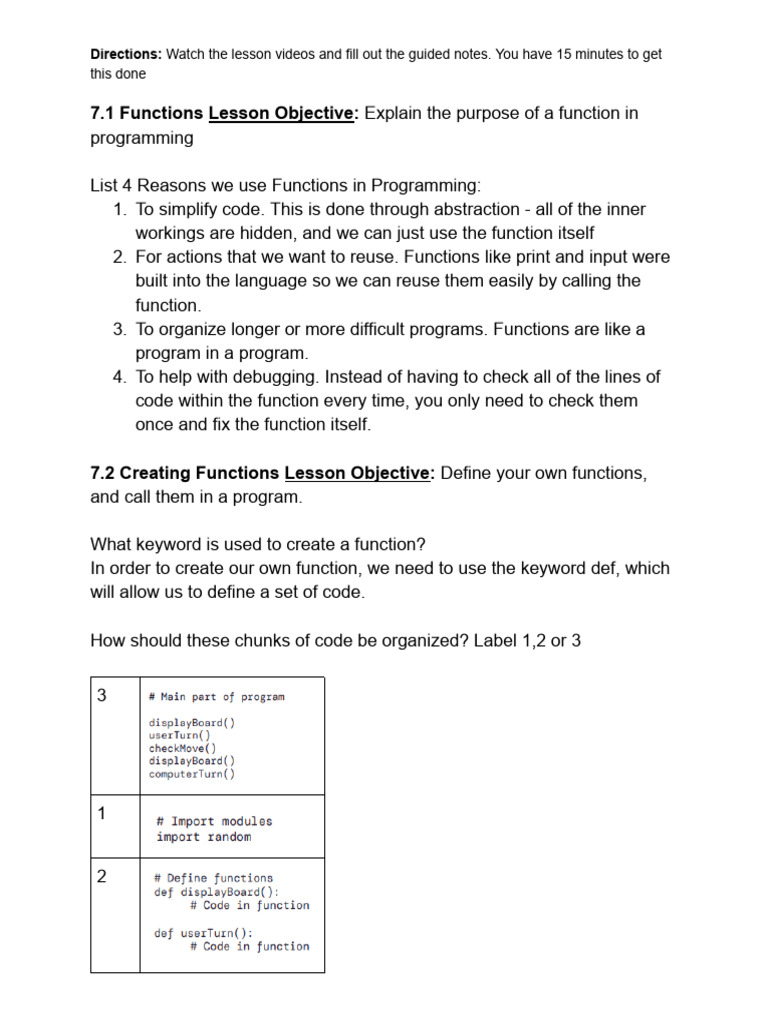 7.1 Functions, 7.2 Creating Functions & 7.3 Parameters Guided Notes ...