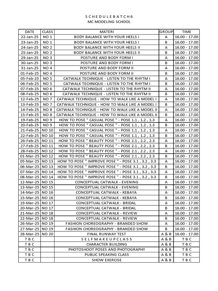 Jadwal MC Modeling School Batch 6 | PDF | Modeling Themed Reality ...