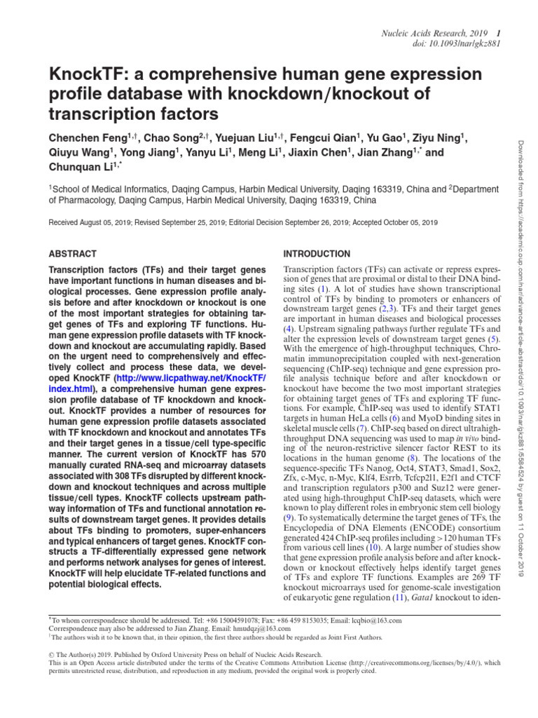 A Comprehensive Human Gene Expression Profile Database With Knockdown of Transcription Factors ...