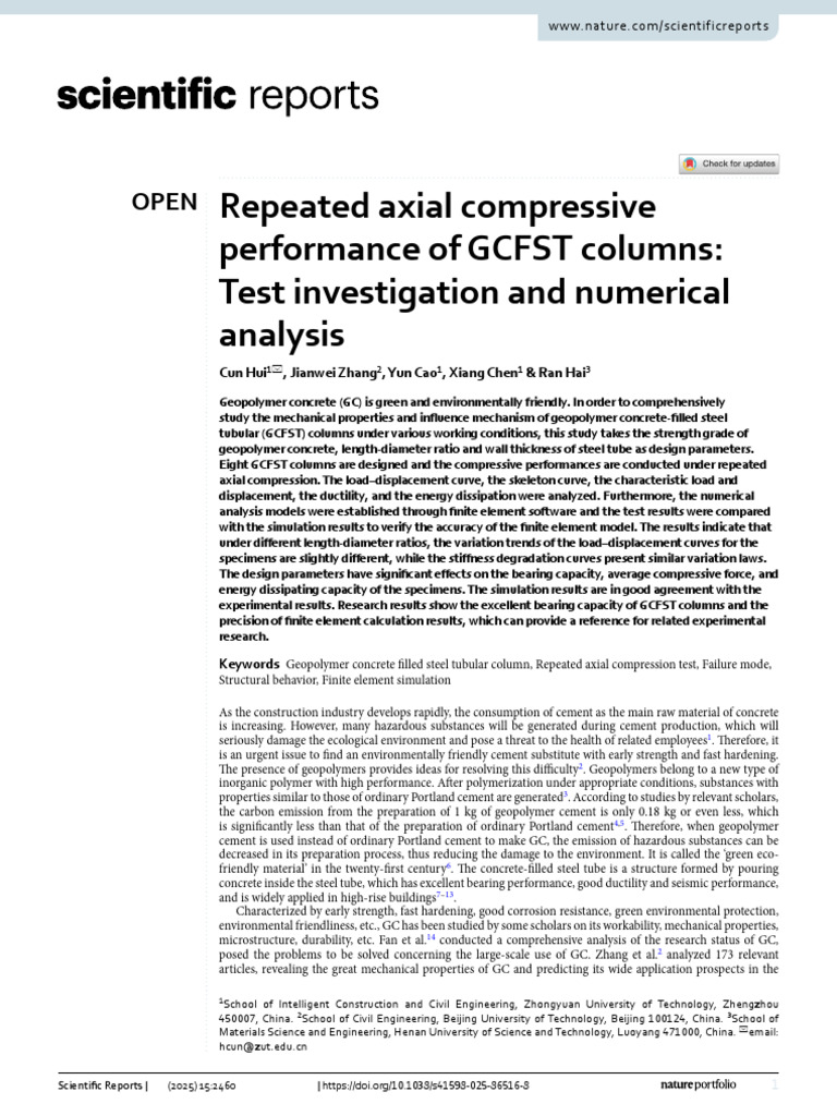 GPC-Filled Steel Tubes Under Cyclic Loads (Sci Reports, 2025) | PDF ...
