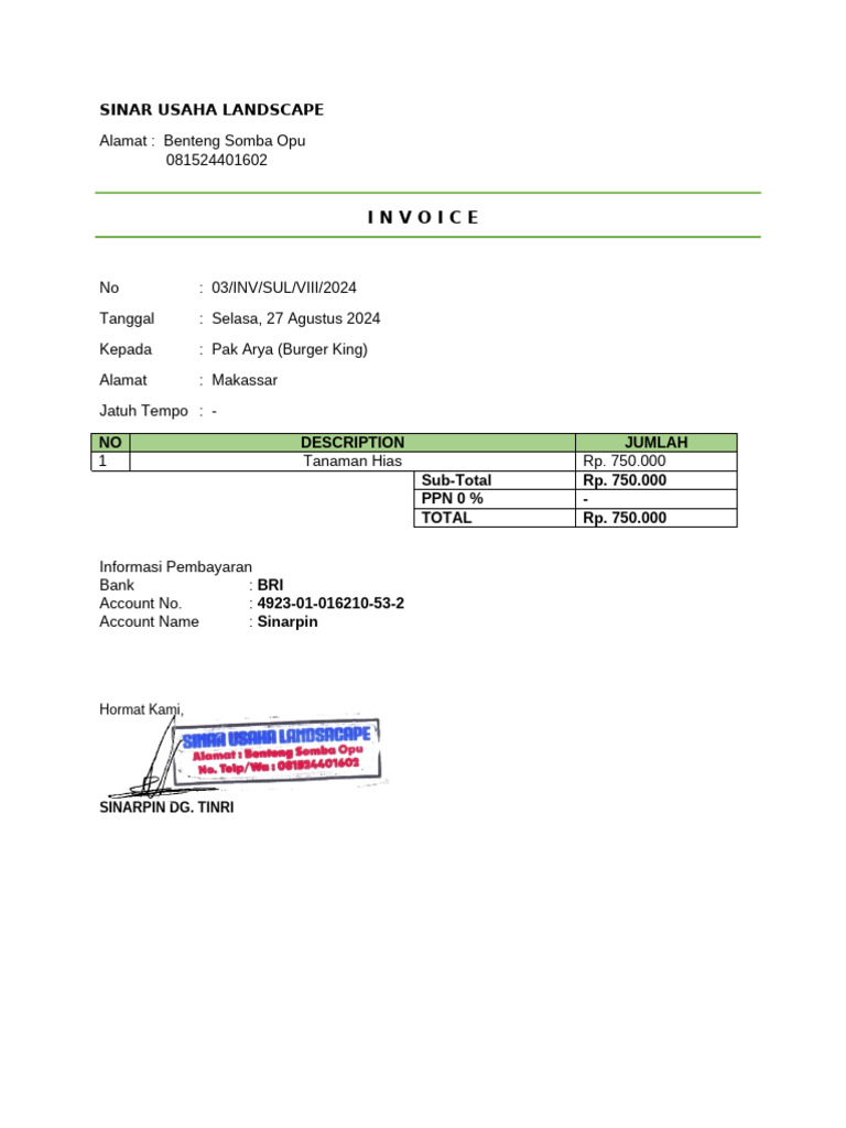 Invoice Sinar Usaha Landscape Pak Sinarpin DG Tinri | PDF