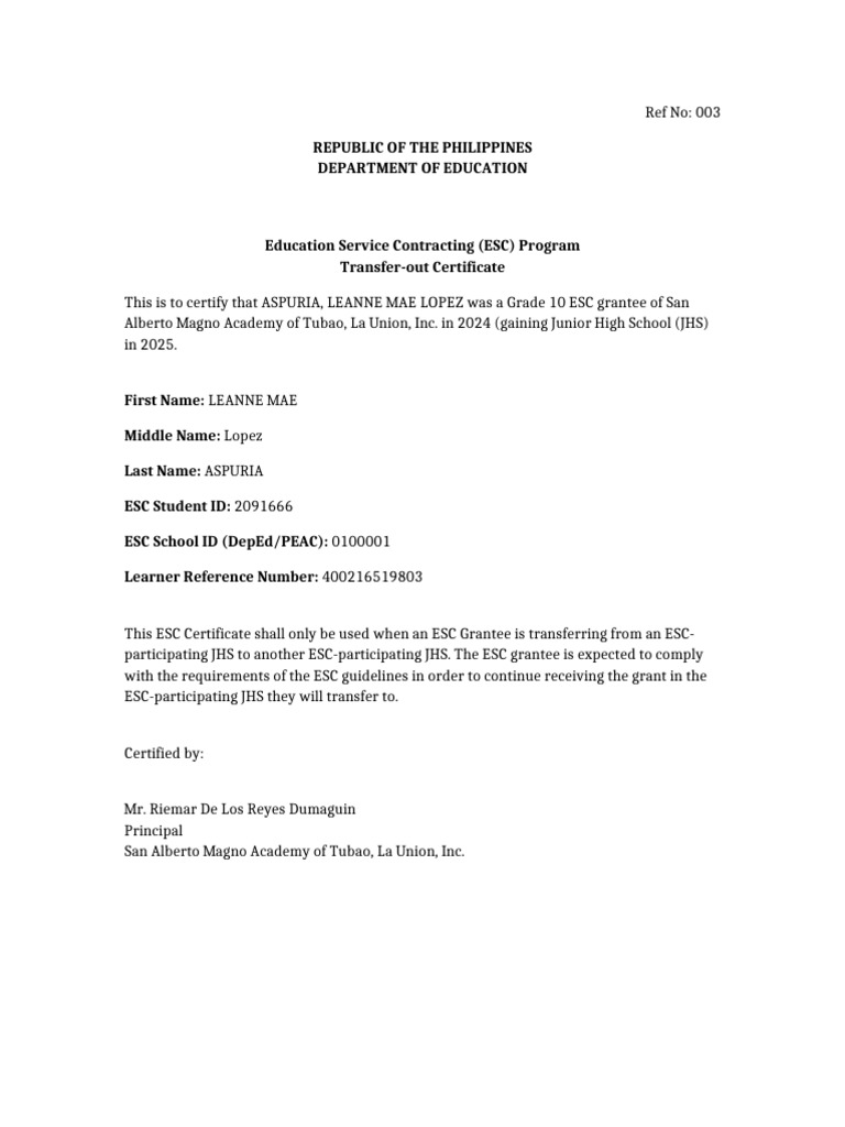 ESC Transfer Certificate | PDF
