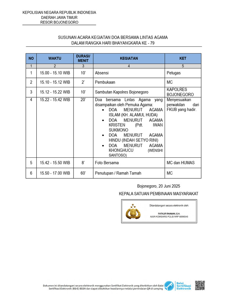 Susunan Acara Doa Bersama Lintas Agama 30062025 | PDF