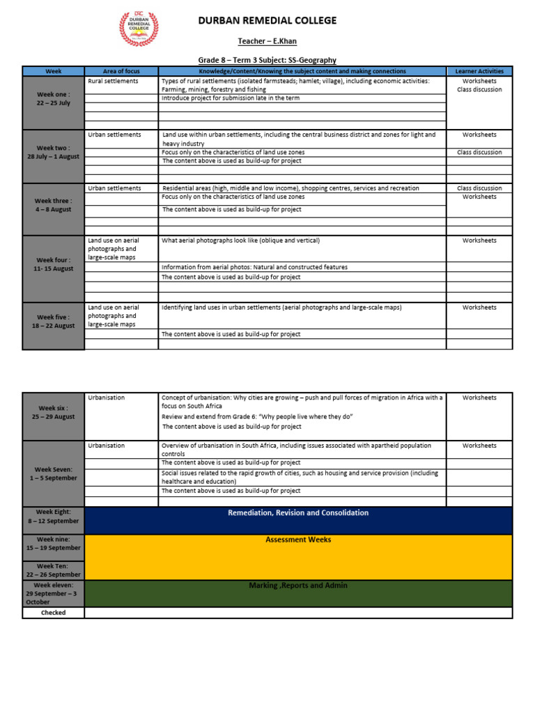 SS Geography Grade 8 Term 3 Subject Prep 2025 | PDF | Urbanization