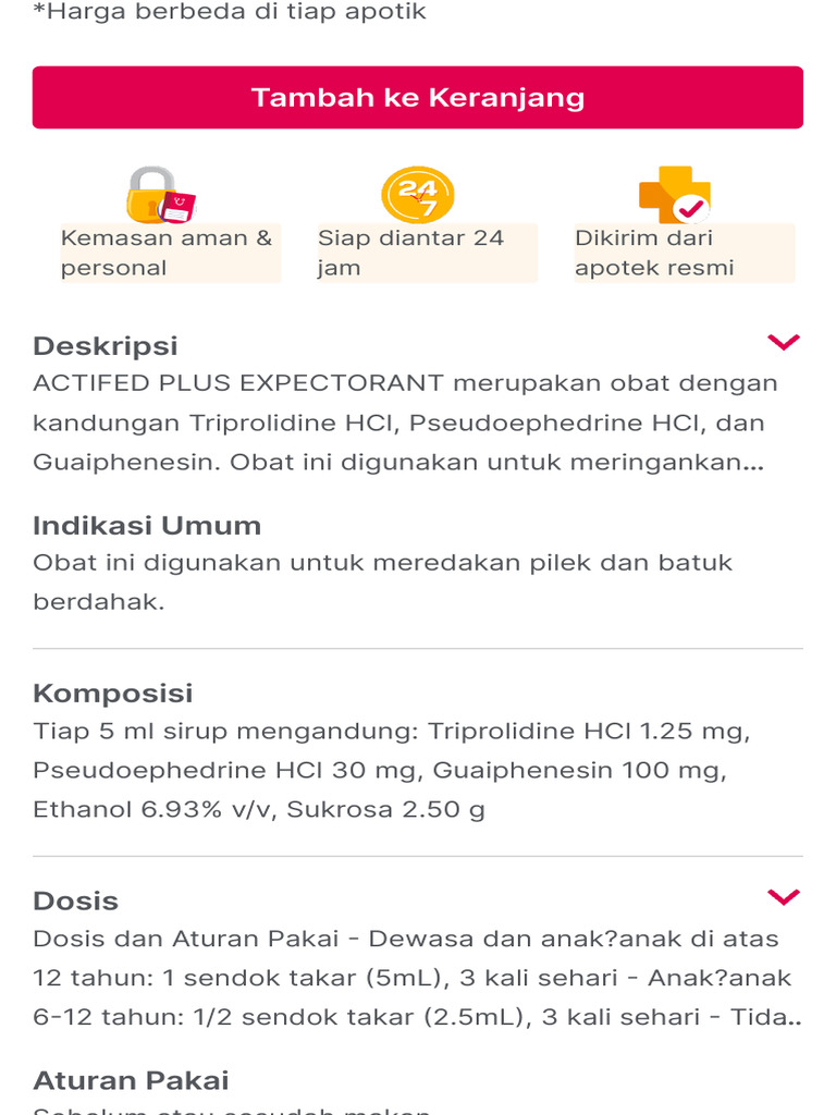 Actifed Hijau Plus Expectorant Sirup 60ml - Manfaat, Dosis & Efek Samping 100 Produk Asli | PDF