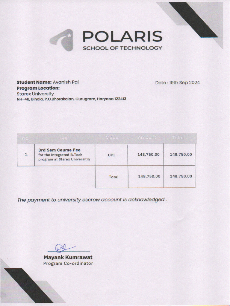 Avanish Pal 3rd Sem Fees Receipt | PDF