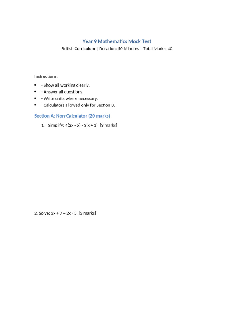 Year 9 Maths Mock Test Overview | PDF