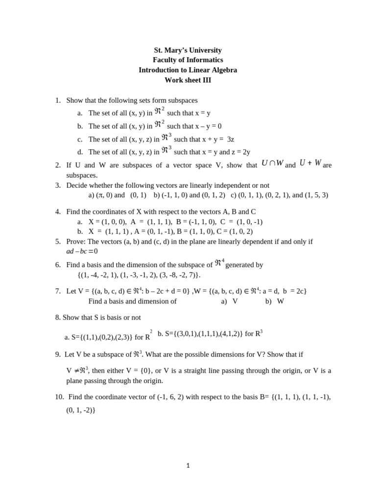 Linear Algebra Worksheet 3 | PDF