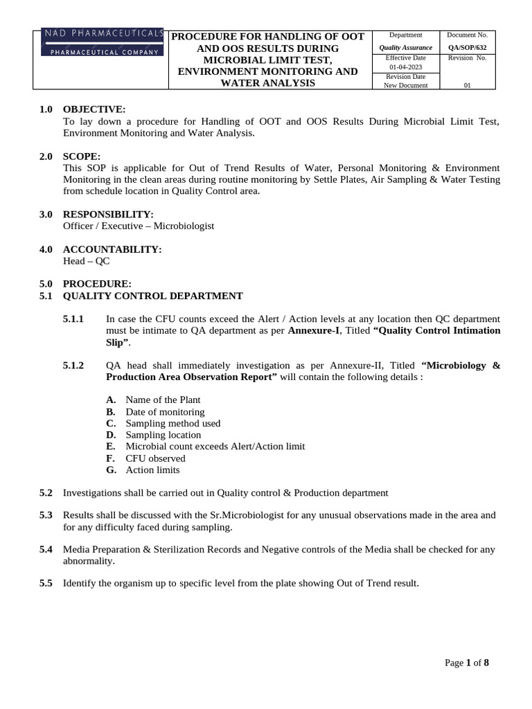 QA-SOP-632 SOP For Handling of OOT and OOS Results During Microbial ...