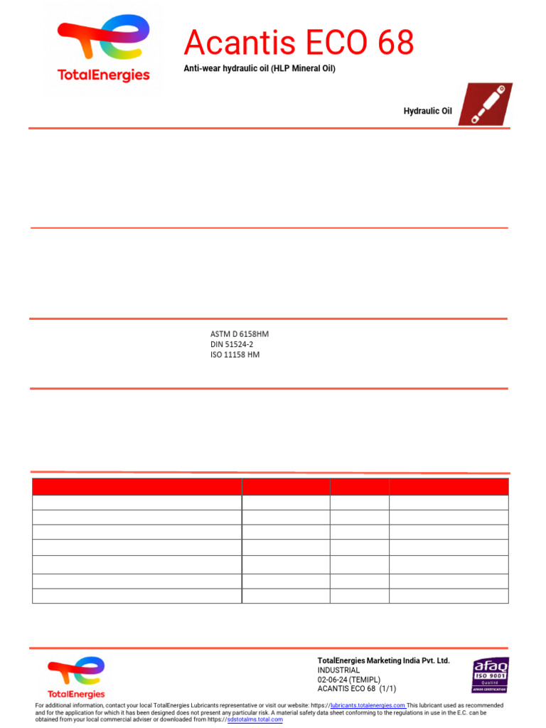 Acantis ECO 68 Hydraulic Oil Overview | PDF | Lubricant | Mechanical ...