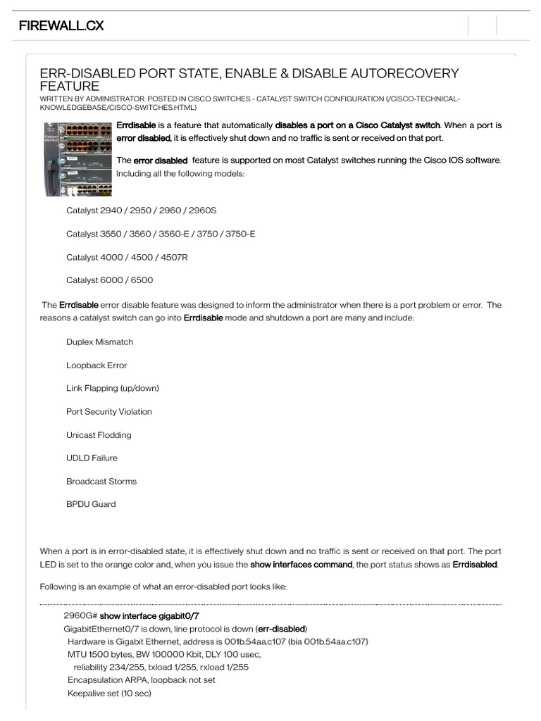 Err-Disabled Port State, Enable & Disable Autorecovery Feature | PDF | Network Switch | Computer ...