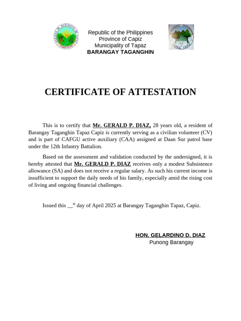 Certificate of Attestation for Gerald P. Diaz | PDF