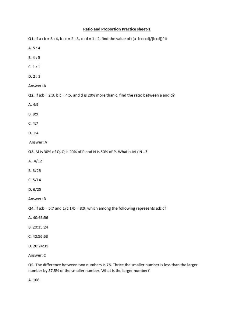 TCS NQT Ratio-Proportion Questions Sheet-1 | PDF