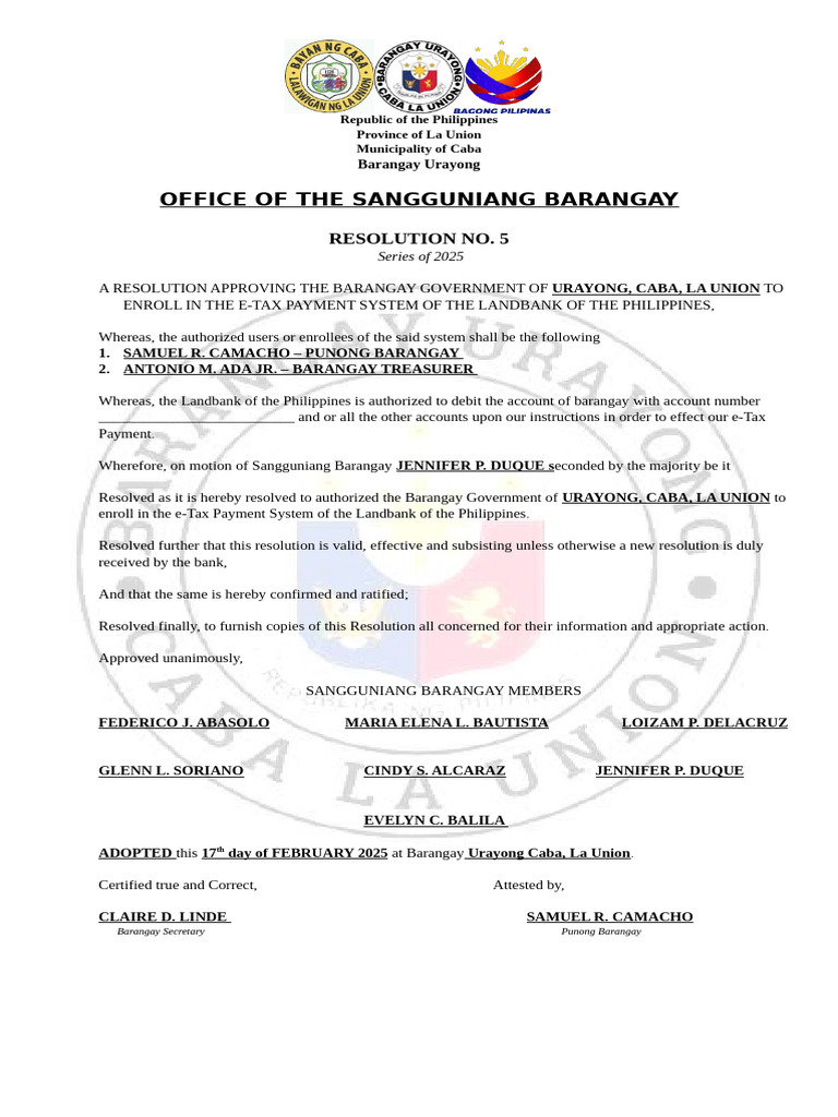 Urayong Caba Barangay E-Tax Enrollment | PDF