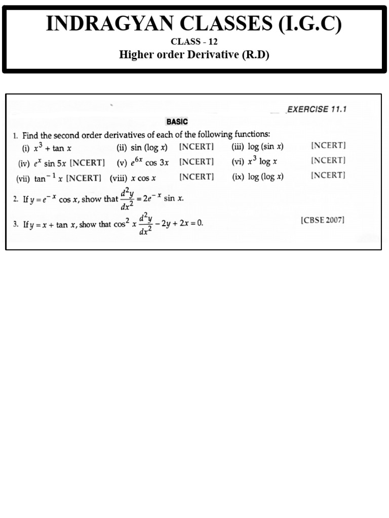 Higher Order Derivative (R.D) : Class - 12 | PDF