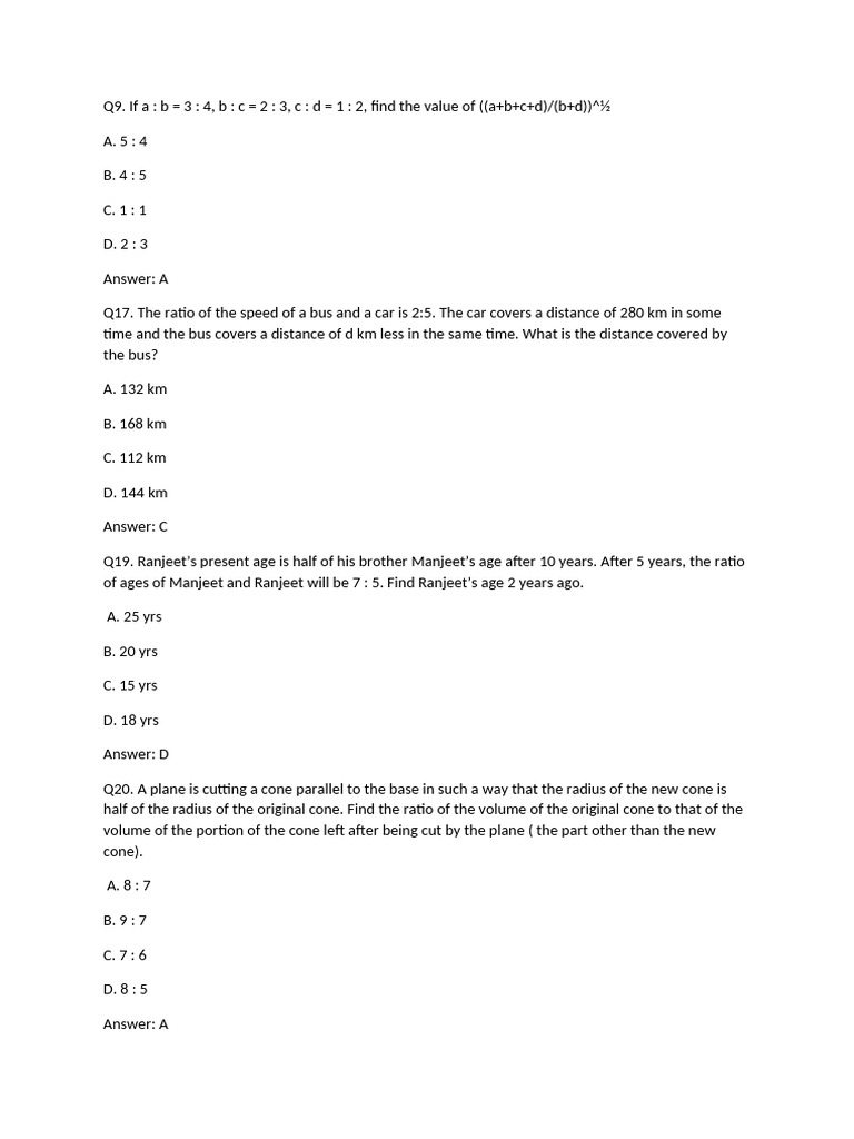 Ratio and Proportion Practice Questions | PDF | Ratio | Expense