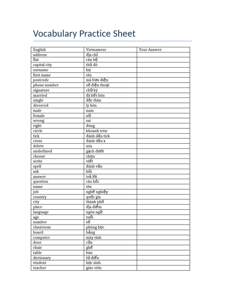 Vocabulary Practice Sheet | PDF