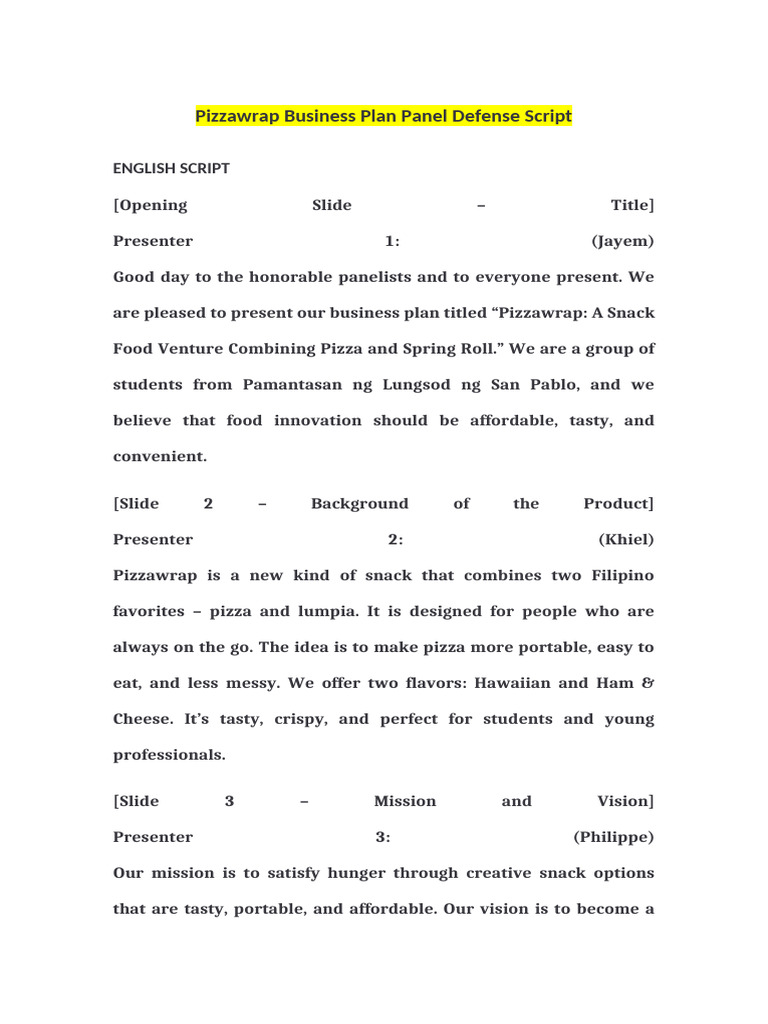 Pizzawrap Panel Defense Script | PDF | Marketing | Foods