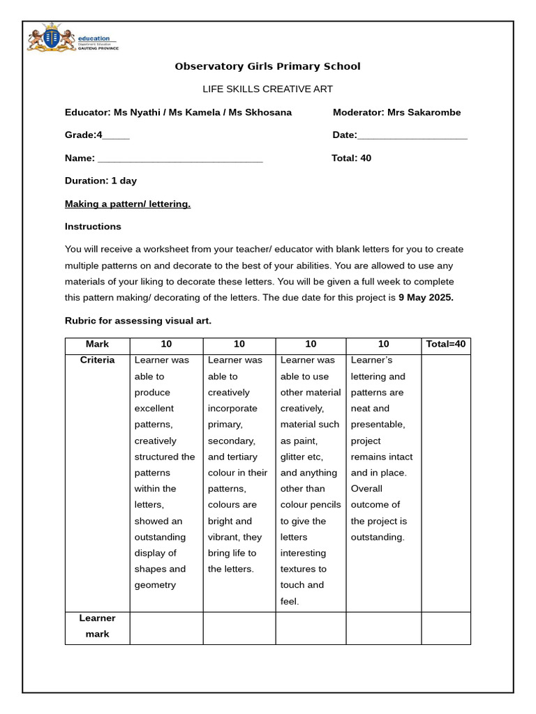 Grade 4 Creative Arts Project Guide | PDF