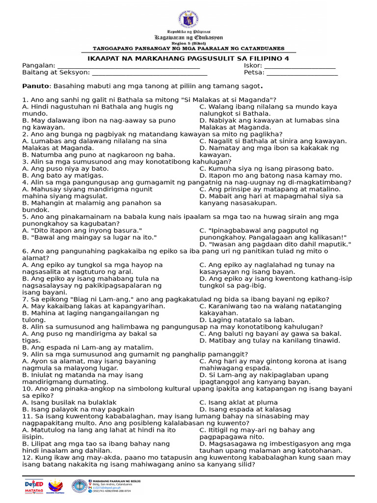 Ikaapat Na Markahang Pagsusulit Sa Filipino 4 | PDF