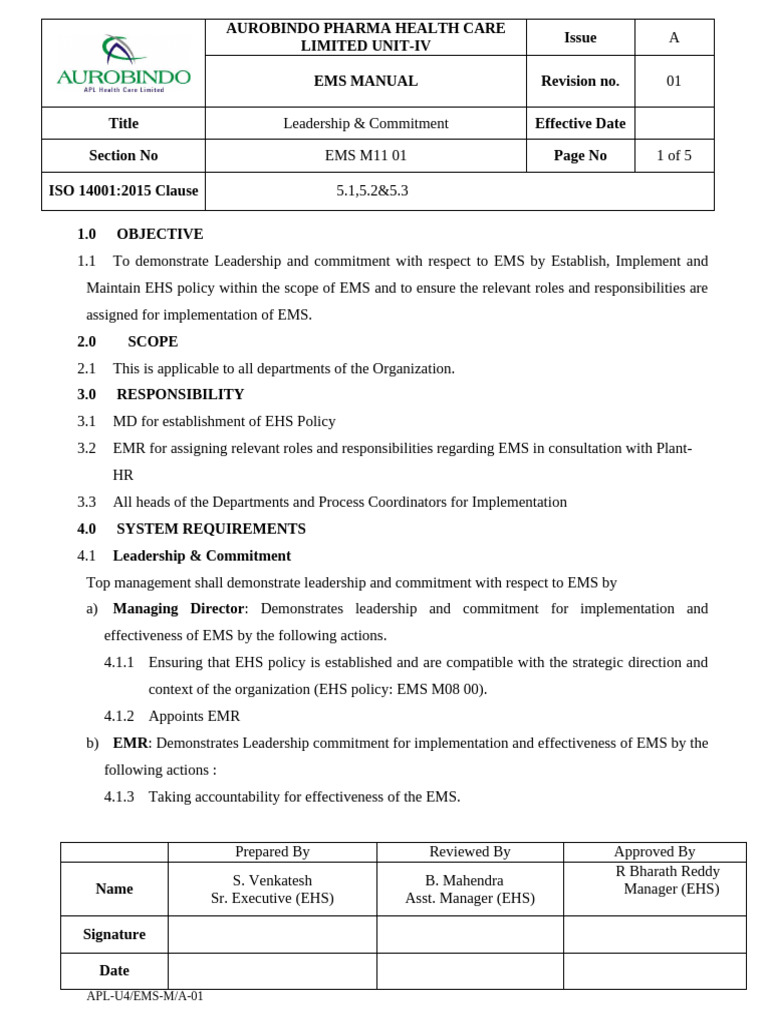 EMS M 11 Leadership & Commitment | PDF | Audit | Internal Audit