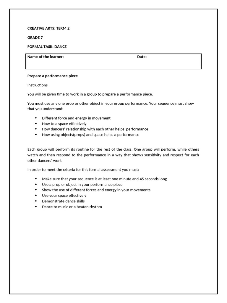 Creative Arts Formal Task Term 2 Dance | PDF | Dances | The Arts