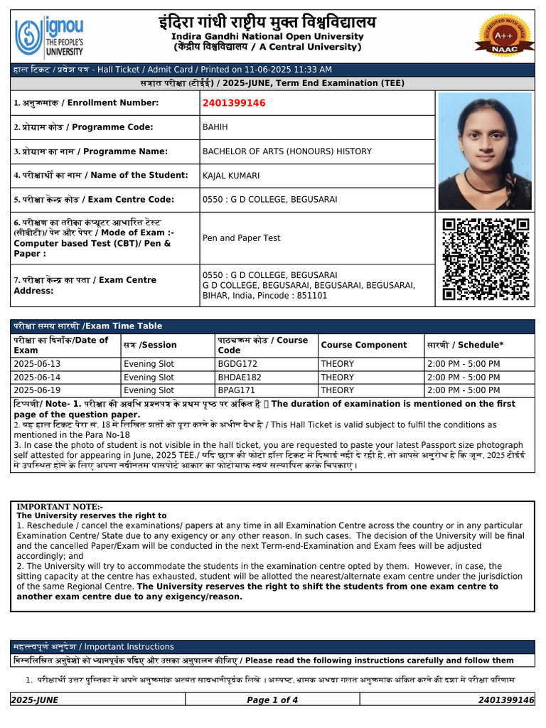 Kajal Admit Card Ignou | PDF