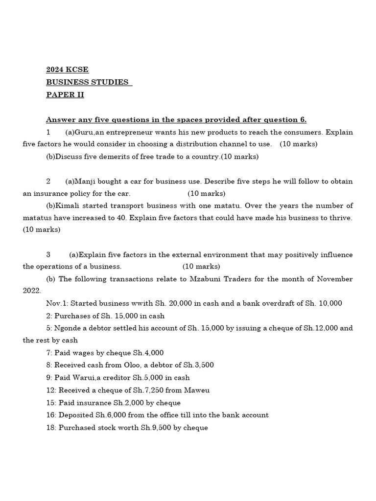 2024 KCSE Business Studies Paper Ii Answer Any Five Questions in The ...