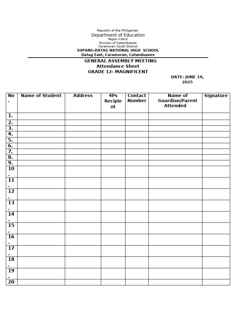 Grade 12 Assembly Attendance Sheet | PDF