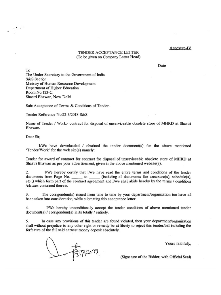 Tender Acceptance Letter | PDF